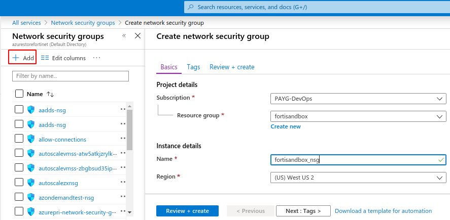 Create network security groups | FortiSandbox Public Cloud 4.4.0 | Fortinet Document Library